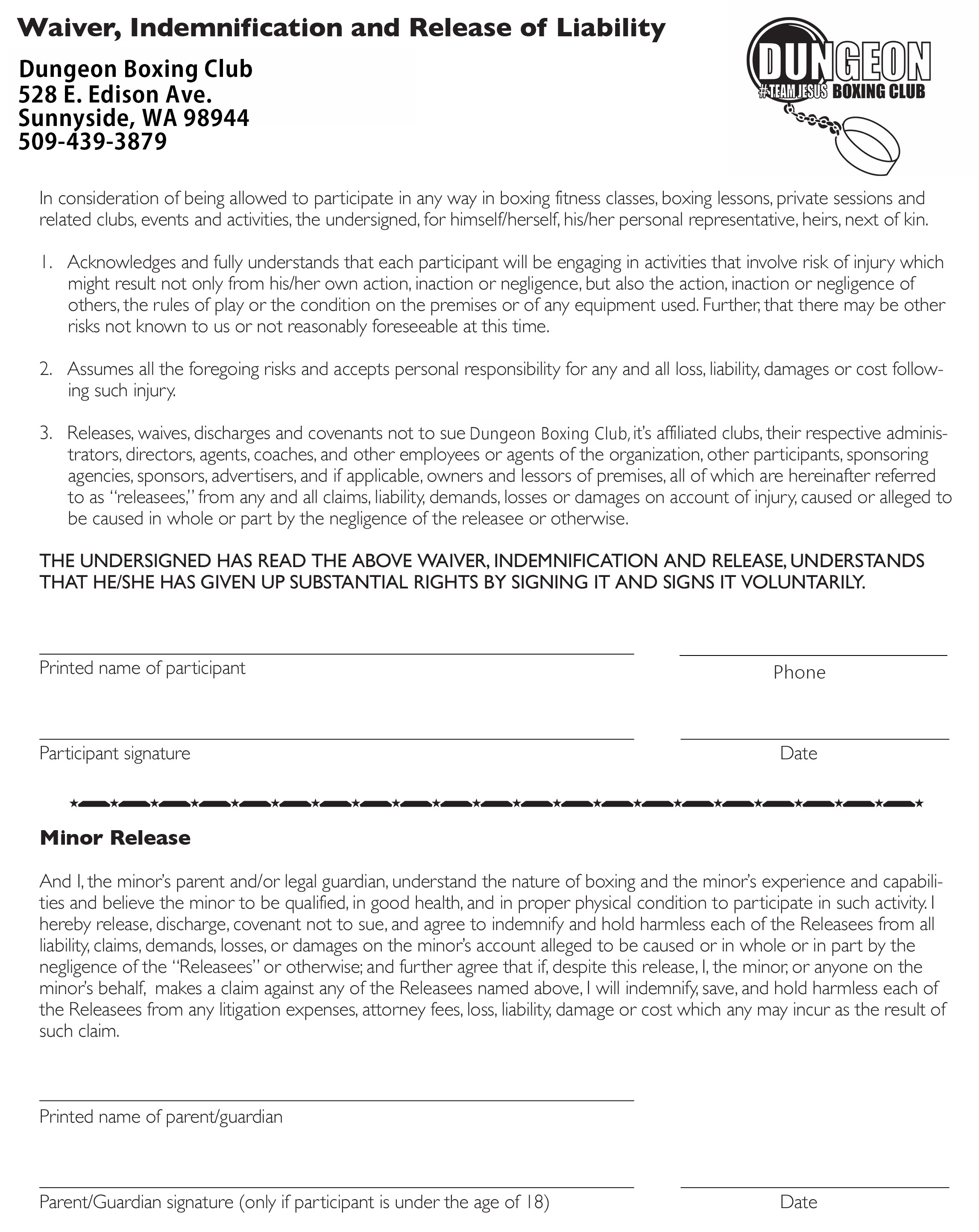WAIVER – DUNGEON BOXING CLUB