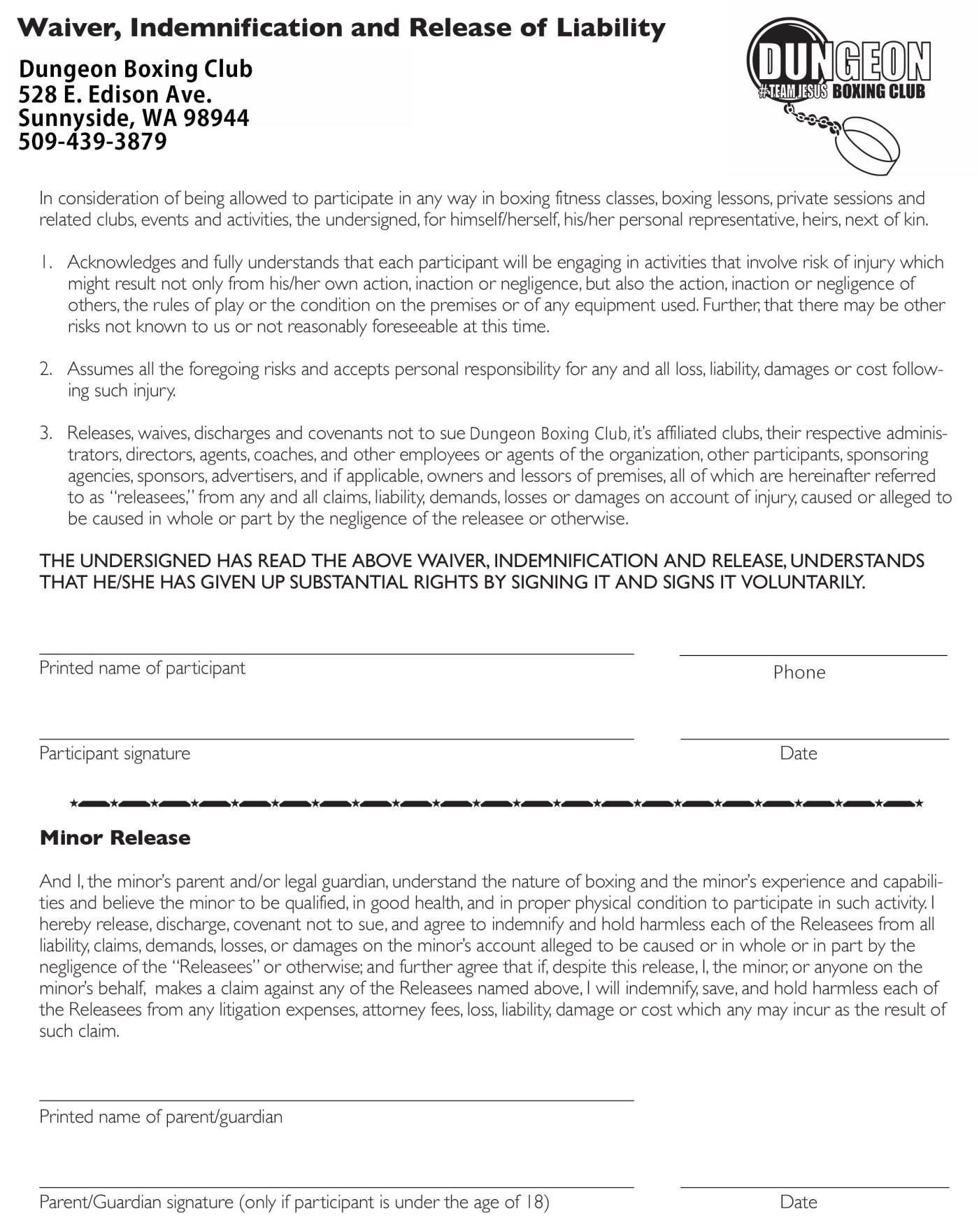 WAIVER – DUNGEON BOXING CLUB